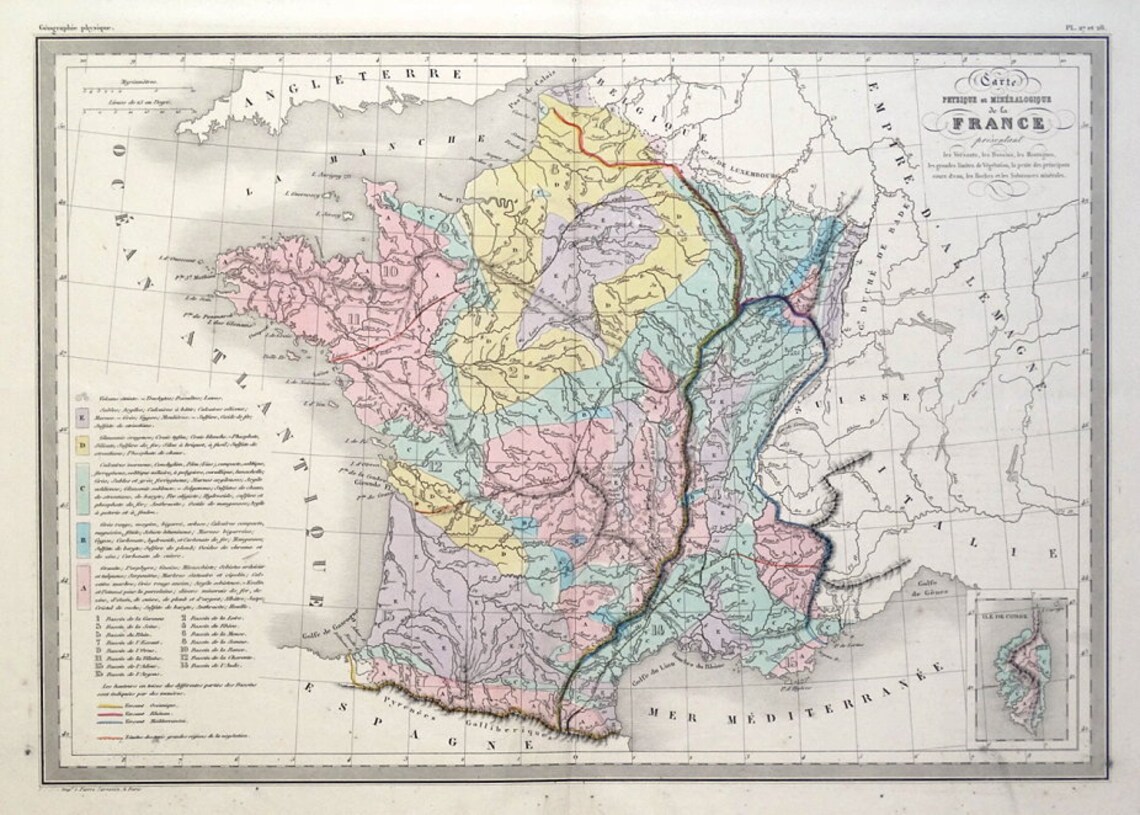 Antique Map FRANCE GEOLOGICAL MAP, Original Malte Brun, Hand Coloured ...