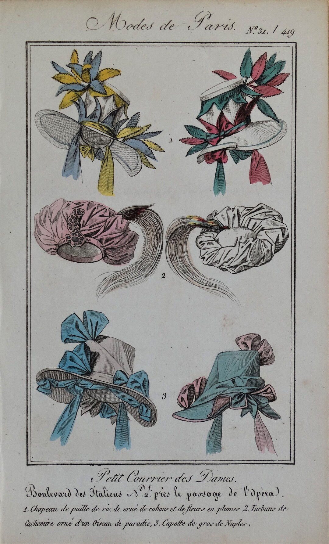 Antique Print PERIOD COSTUME, Ladies Hats, Bonnets Paris Fashion Plate ...