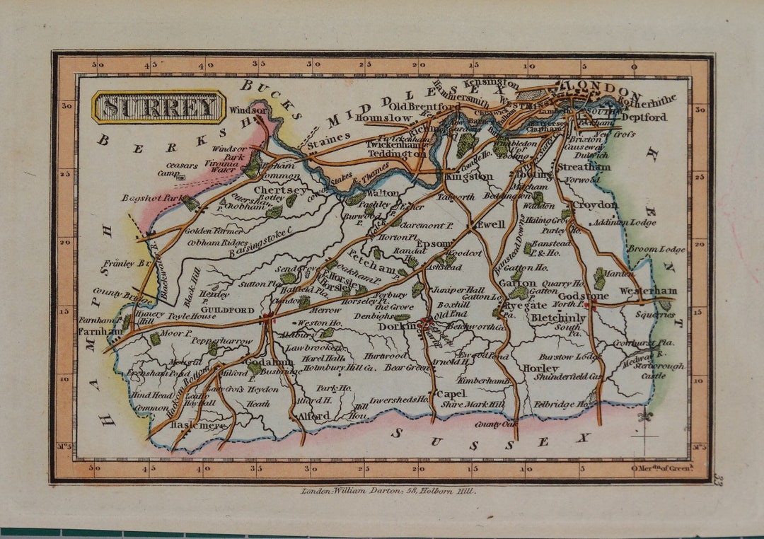 Antique Map SURREY & LONDON, Darton Original Hand Colour Miniature ...