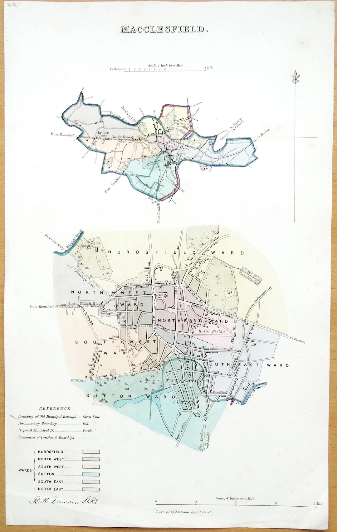 Antique Map MACCLESFIELD ,original Hand Coloured Town Street Plan ...