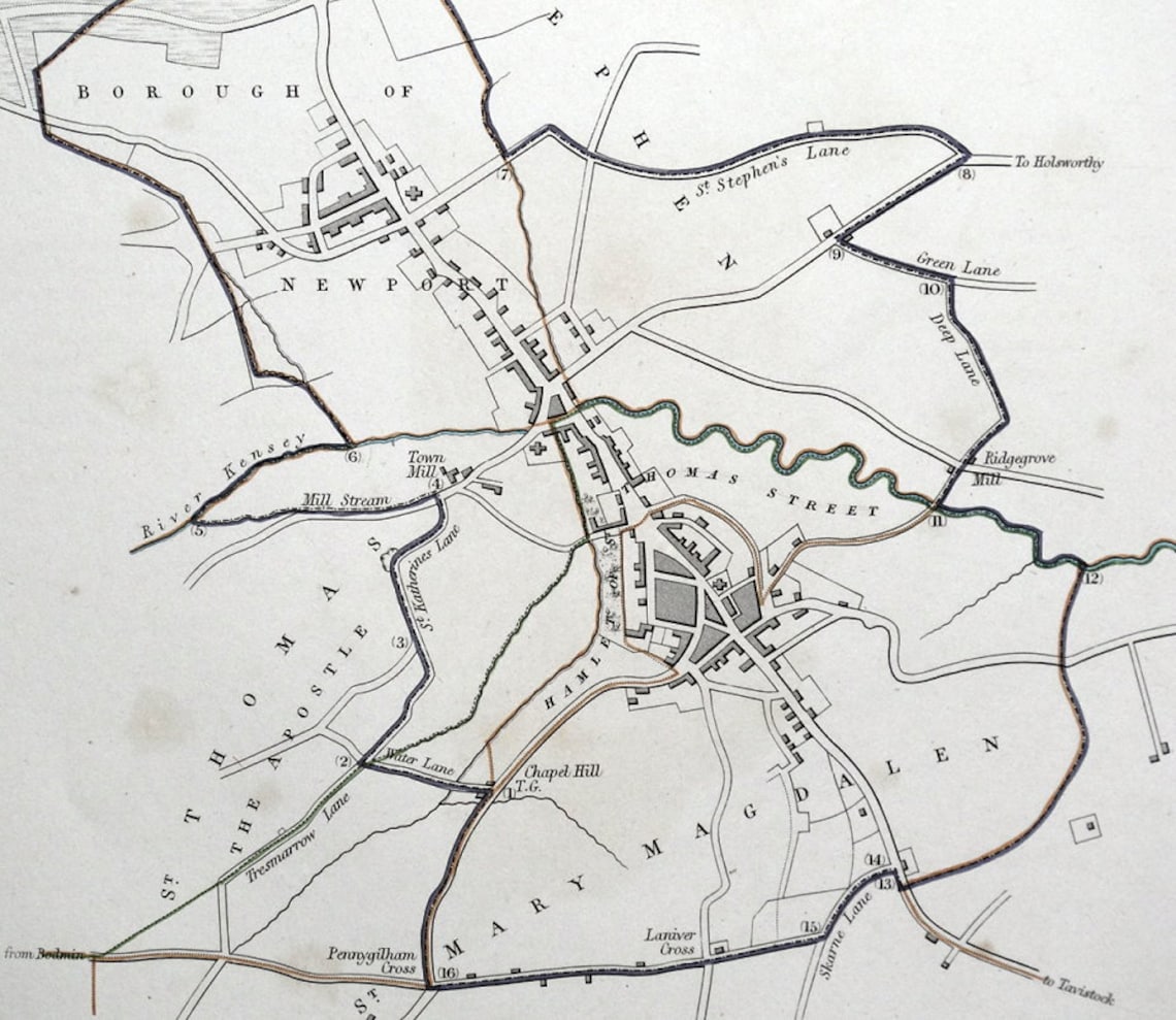 Antique Map LAUNCESTON, CORNWALL, UK, Street Plan, Dawson Original 1832 ...