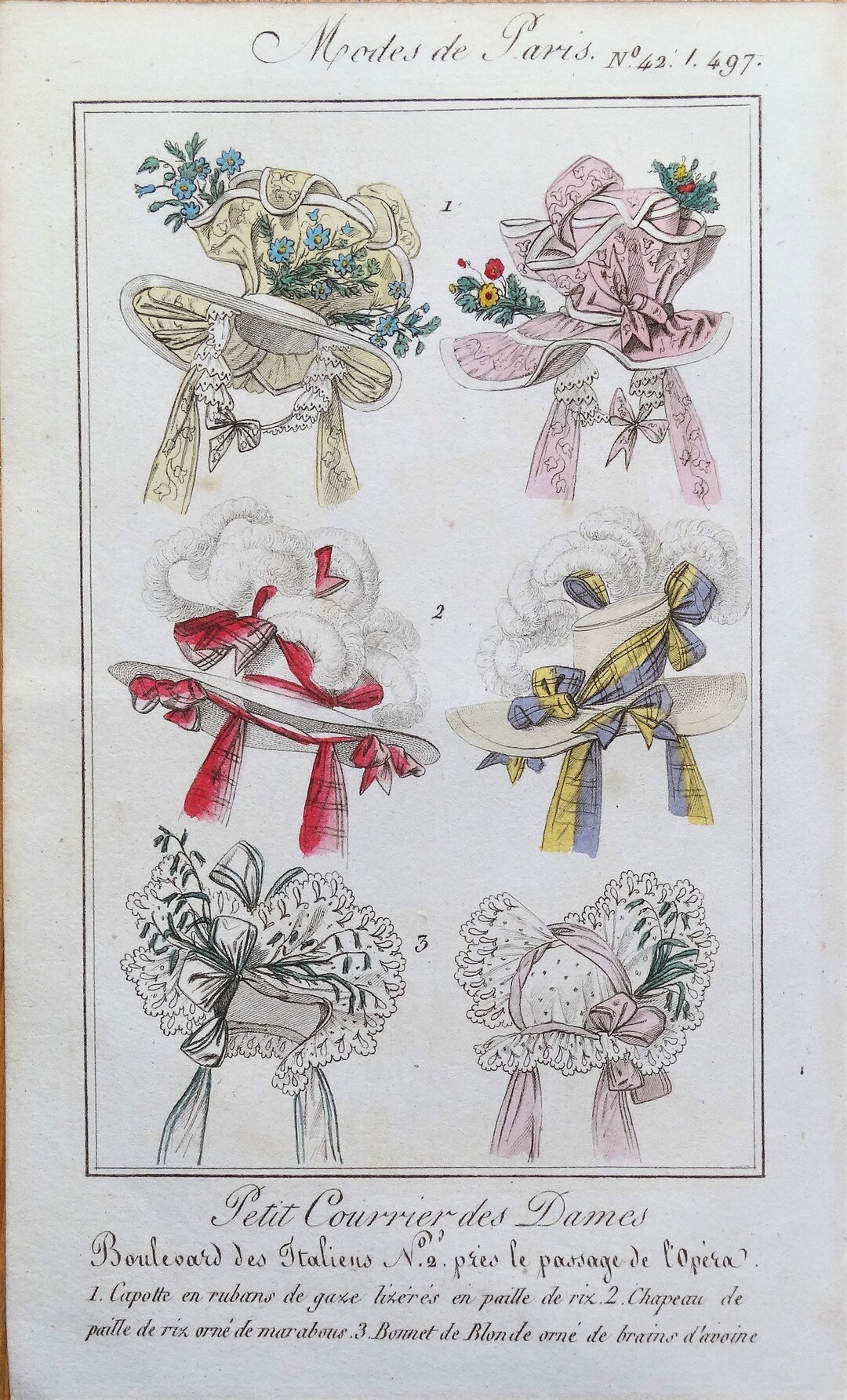 Antique Print PERIOD COSTUME, Ladies Hats & Bonnets Paris Fashion Plate ...
