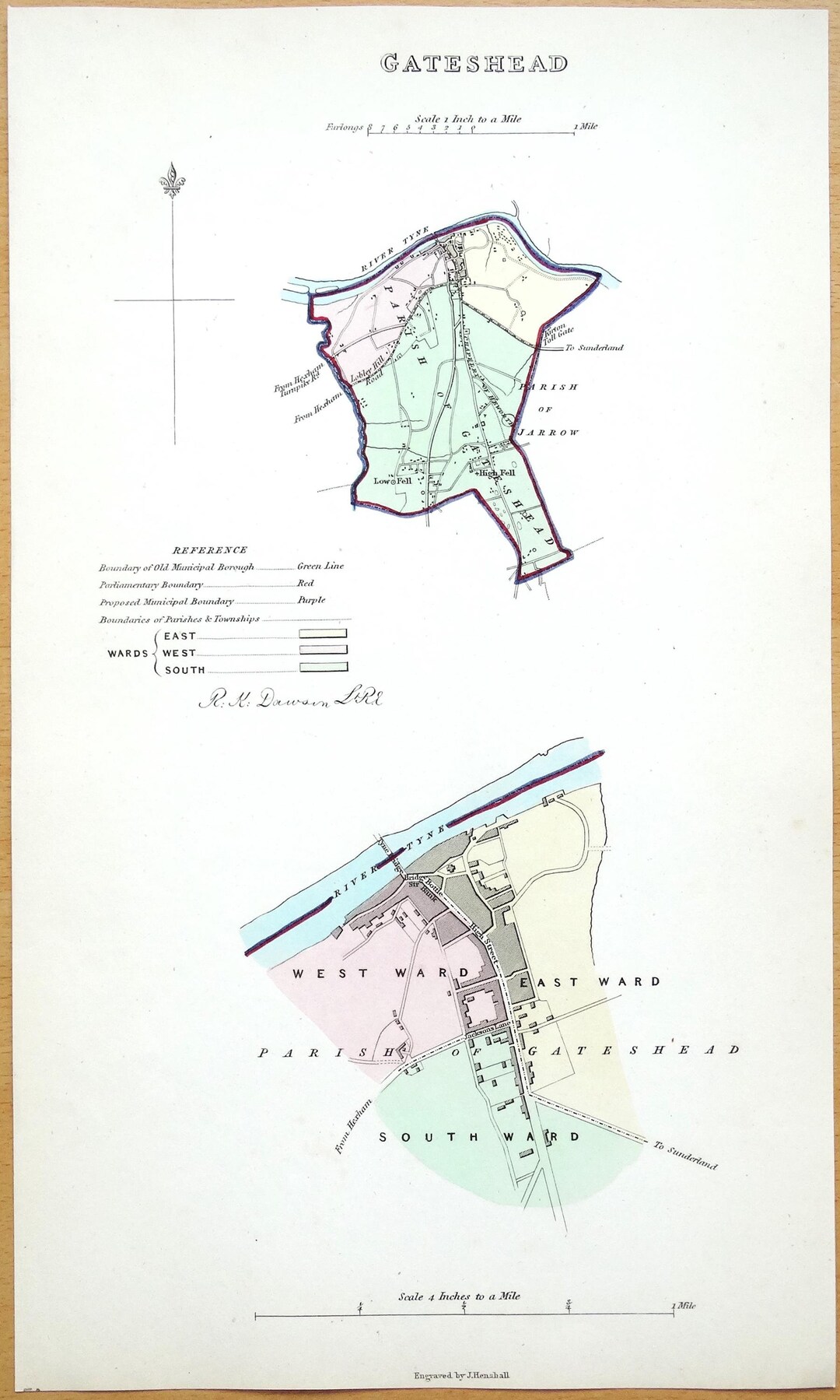 Antique Map GATESHEAD, Tyne & Wear, Original City Street Plan, Dawson ...