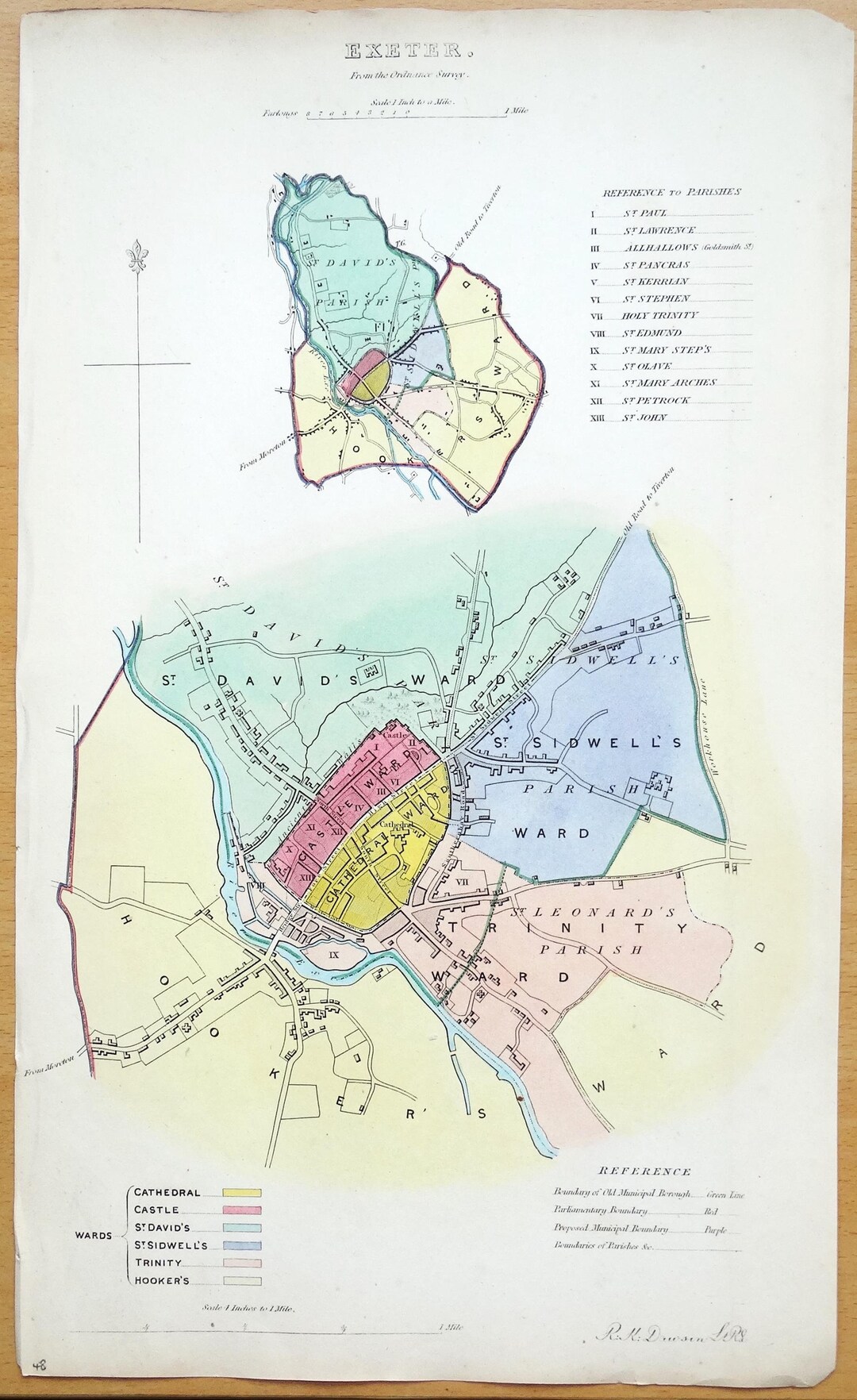 Antique Map EXETER DEVON ,city Street Plan, Dawson Hand Coloured ...