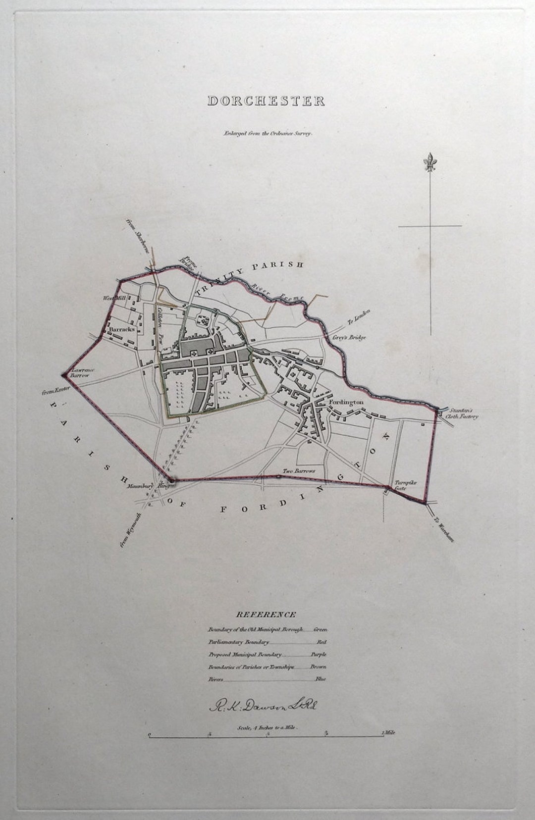 Antique Map DORCHESTER, DORSET, ENGLAND, Street Plan, Dawson Original ...