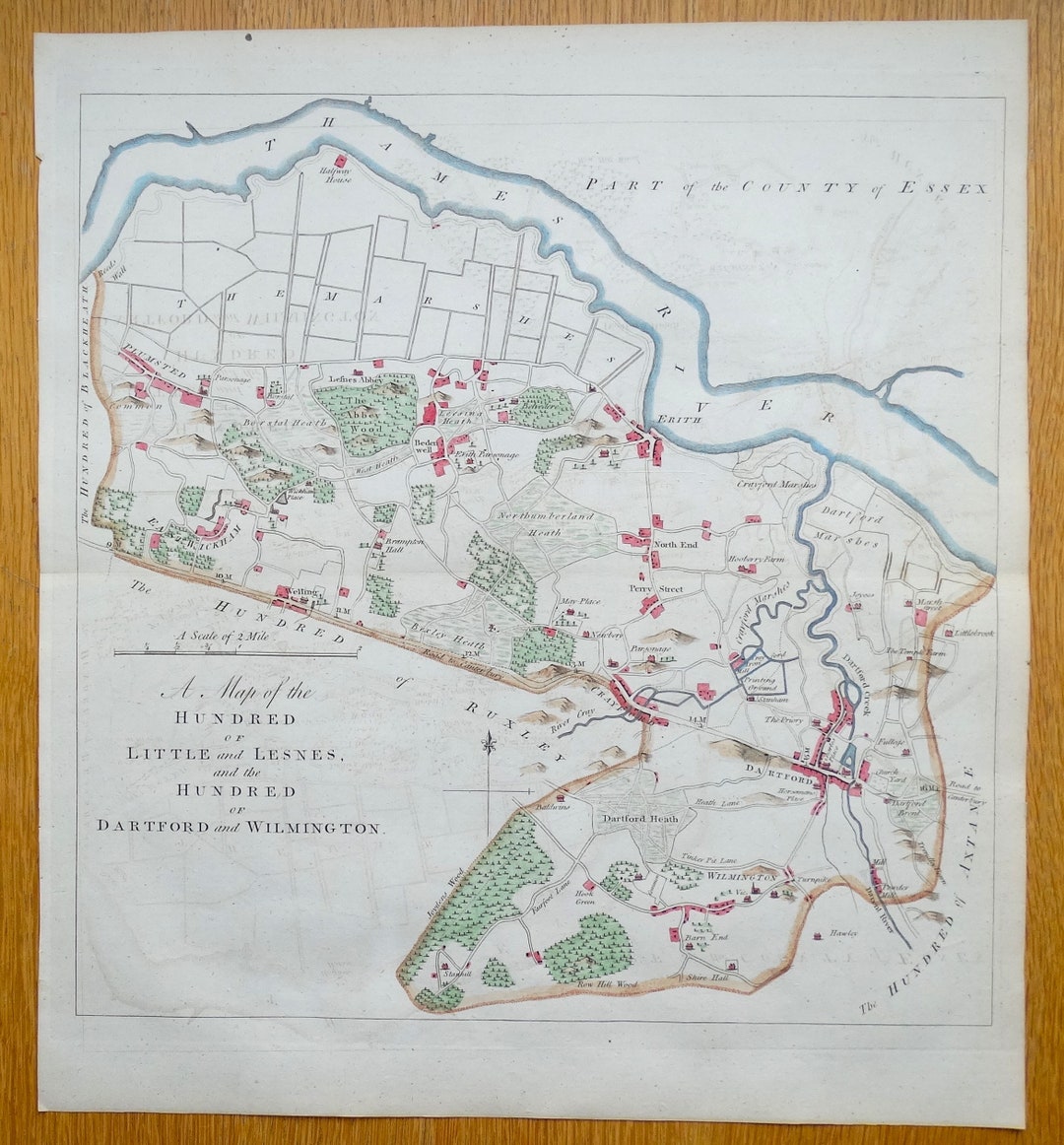 Antique Map DARTFORD HUNDRED, KENT Plumstead Crayford Erith Welling ...