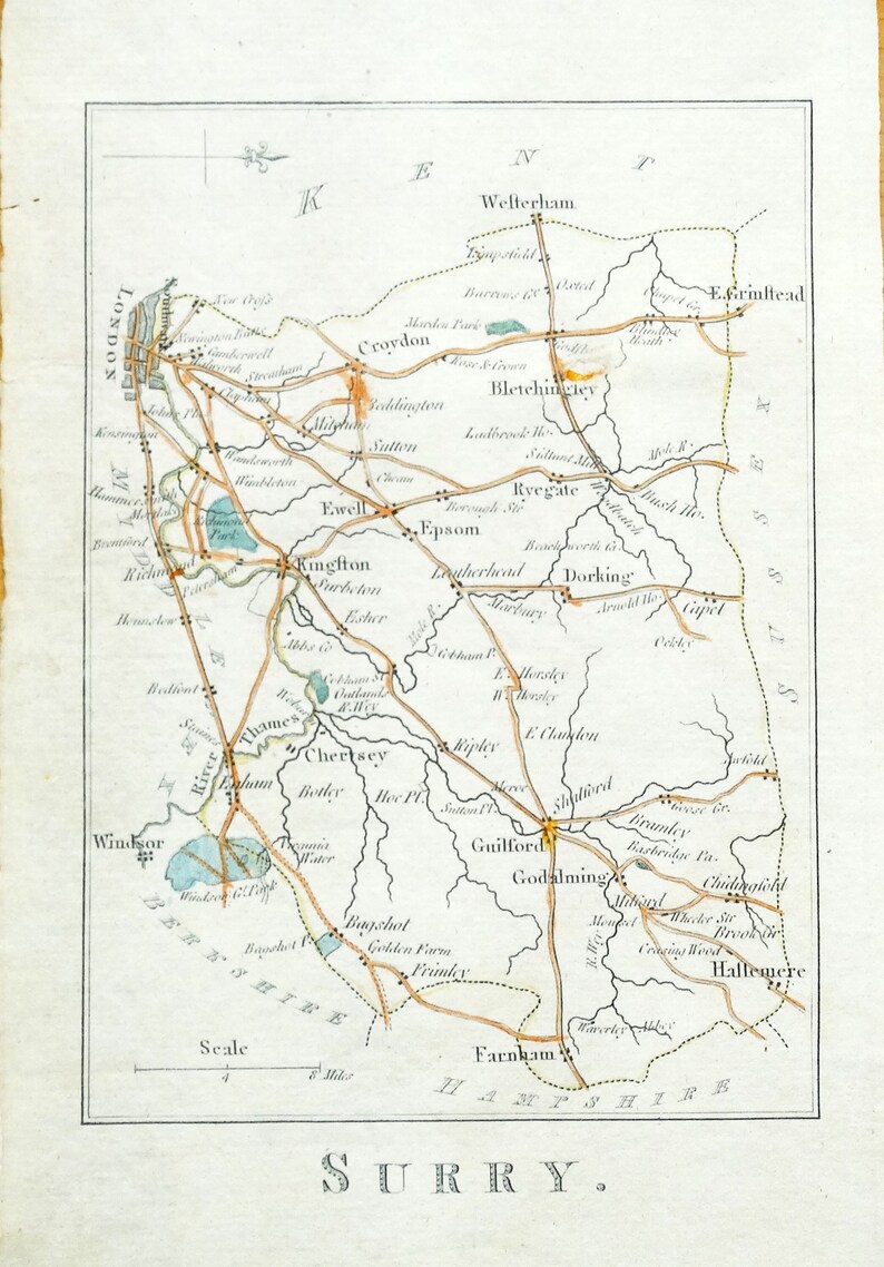 Antique Map SURREY & LONDON Butters Hand Coloured Miniature County Map ...