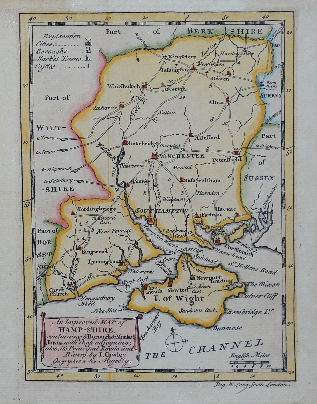 Antique Map HAMPSHIRE, John Cowley Original Hand Coloured 1749 - Etsy
