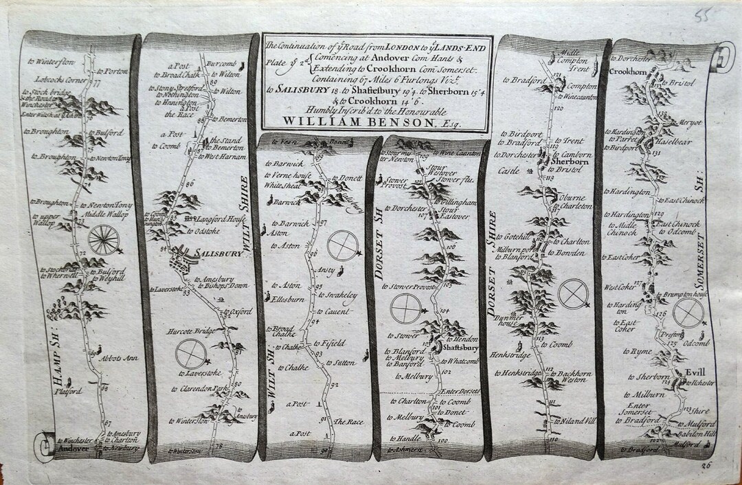 Antique Map HAMPSHIRE ANDOVER to CREWKERNE Gardner Original Strip Road ...