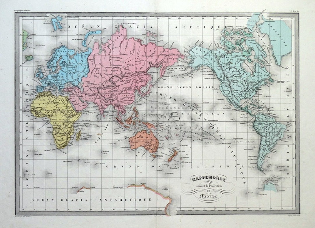 Antique Map WORLD on Mercator's Projection, Original Malte Brun Map ...