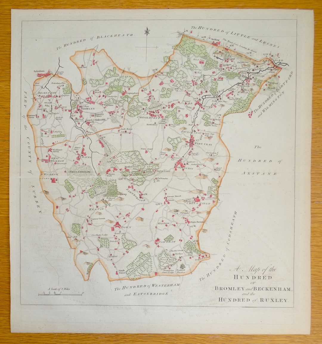 Antique Map BROMLEY, BECKENHAM HUNDRED Chislehurst Knockholt Kent ...