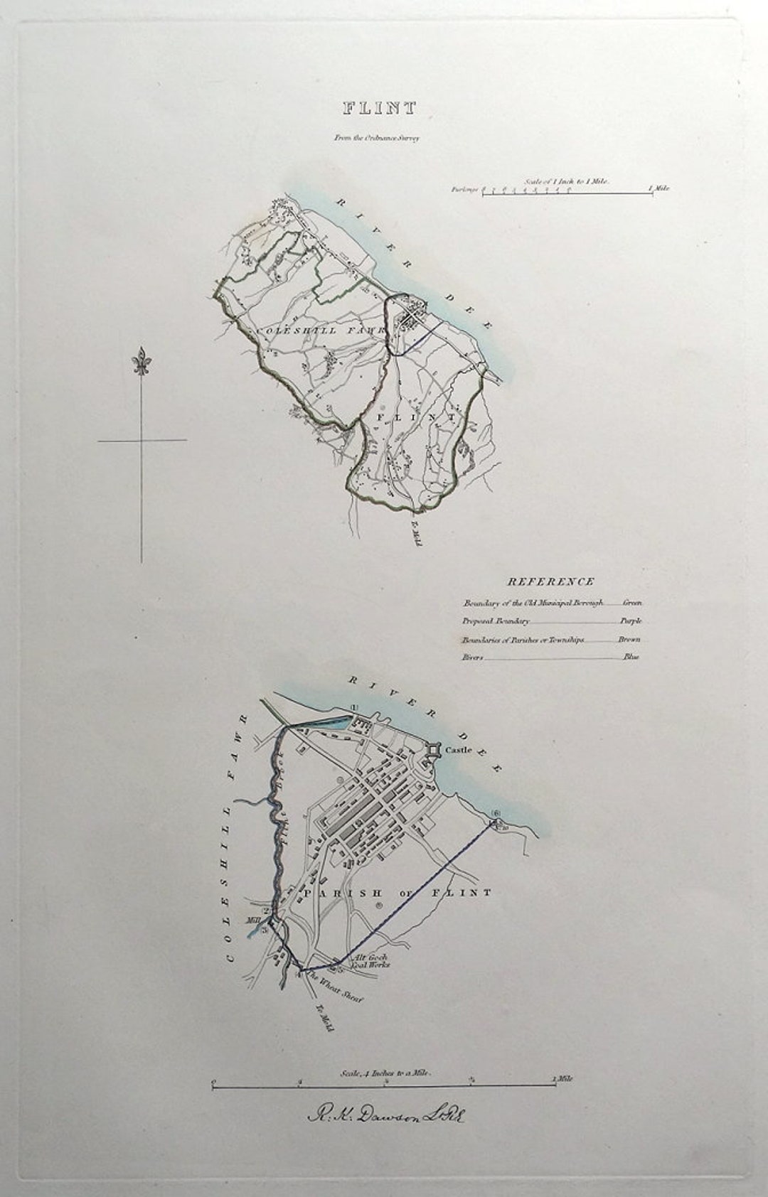 Antique Map FLINT, FLINTSHIRE, WALES, Street Plan, Dawson Original 1832 ...
