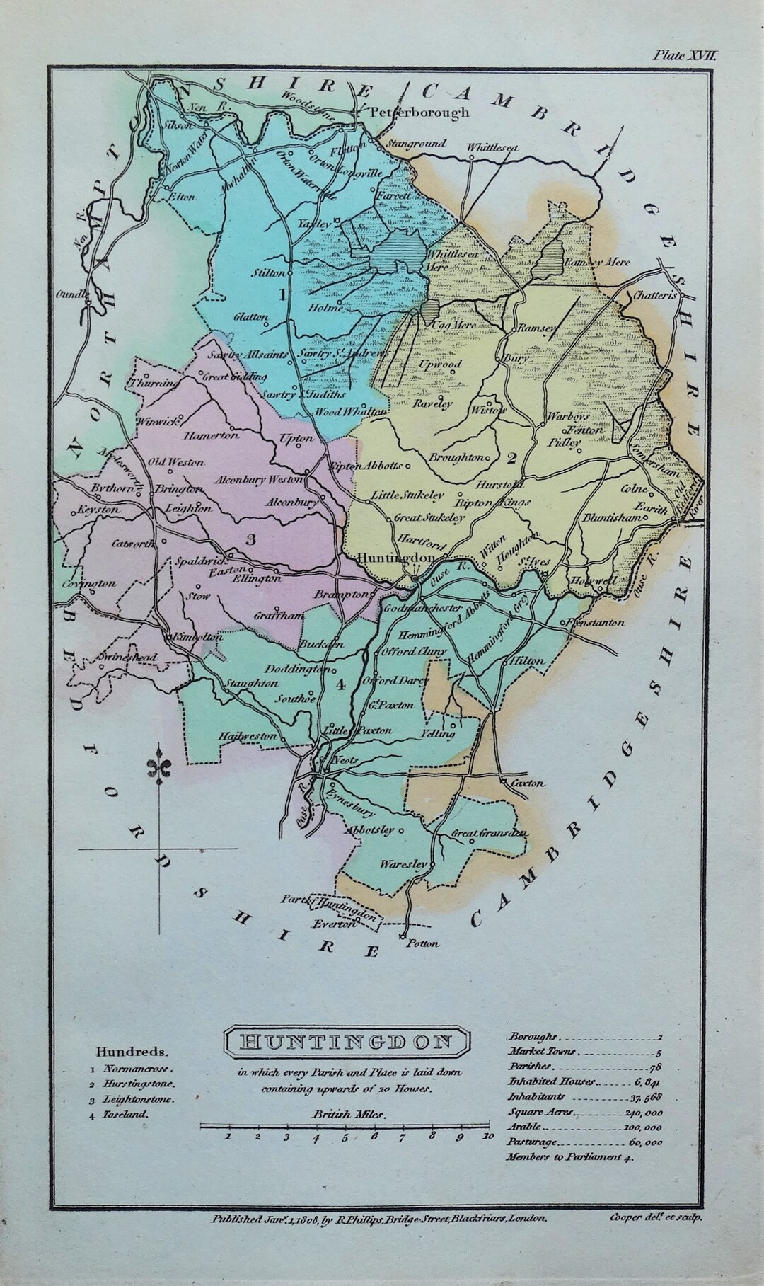 Antique Map HUNTINGDONSHIRE, Capper Original Hand Coloured County Map ...