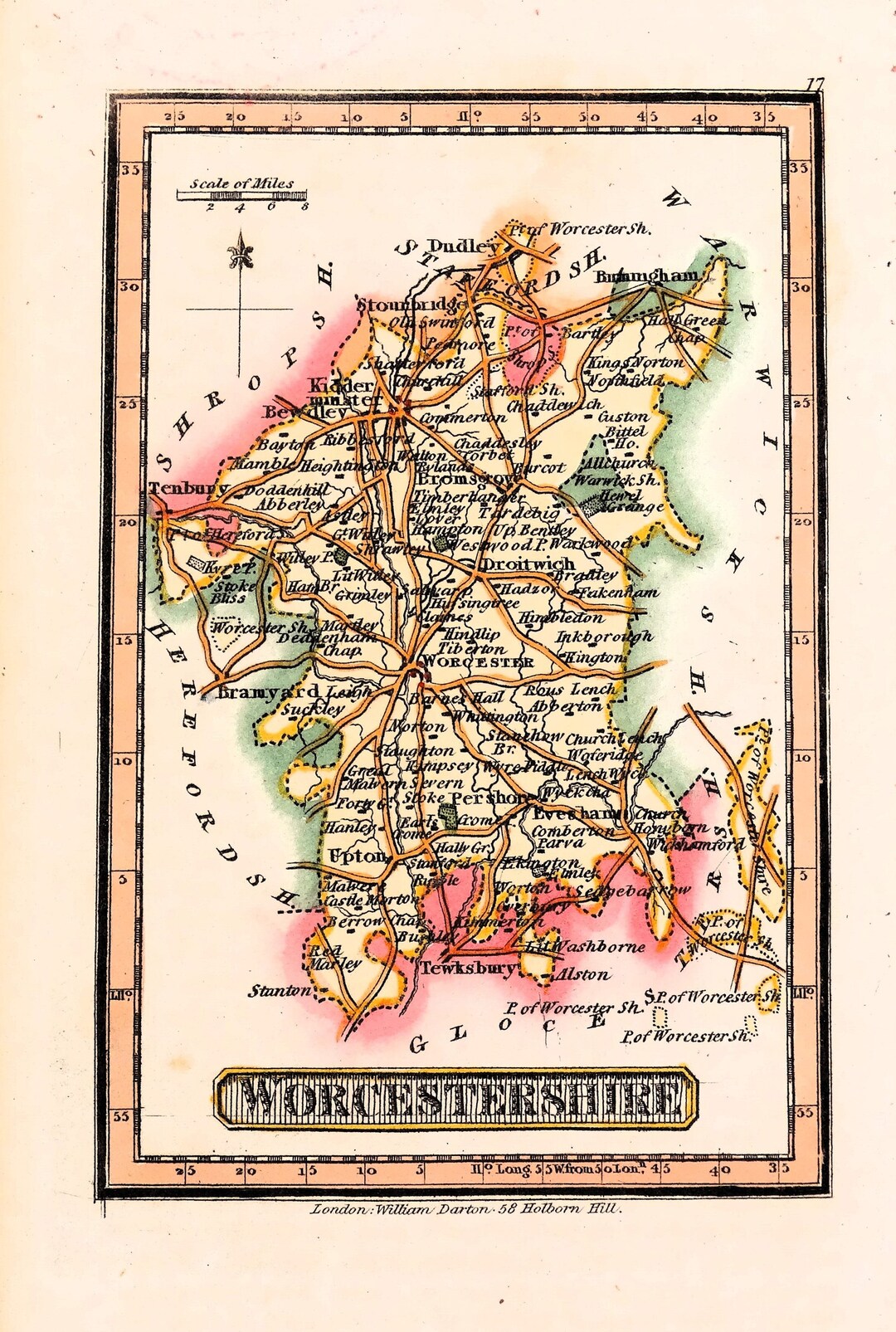 Antique Map WORCESTERSHIRE, Darton Original Hand Coloured Miniature ...
