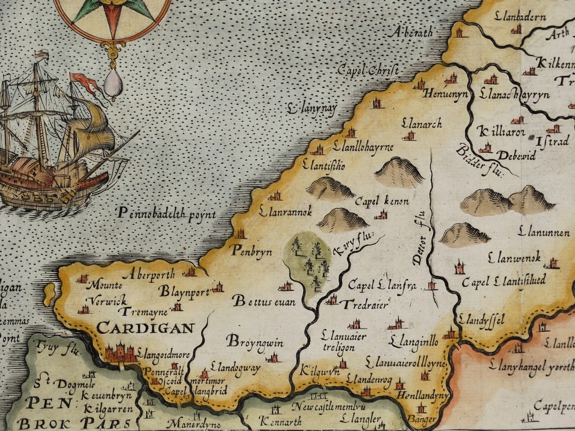 Antique Map CARDIGANSHIRE, WALES, C.saxton, W.kip, W.camden Original ...