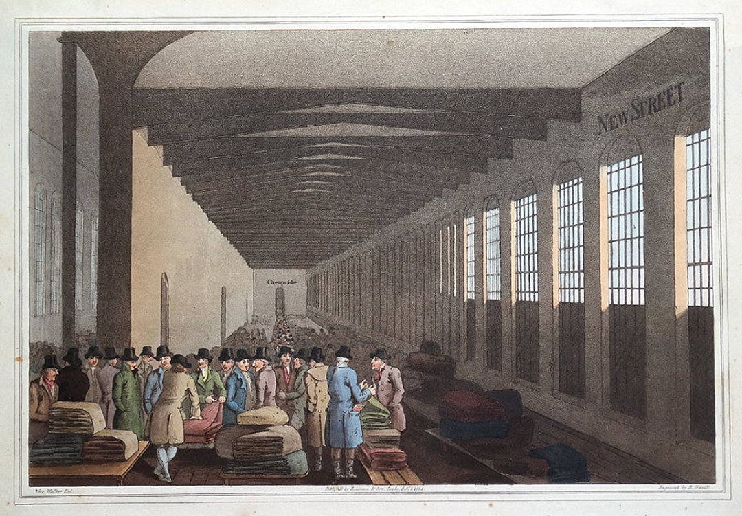 Antique Aquatint LEEDS CLOTH HALL Historic Yorkshire Hand Coloured ...
