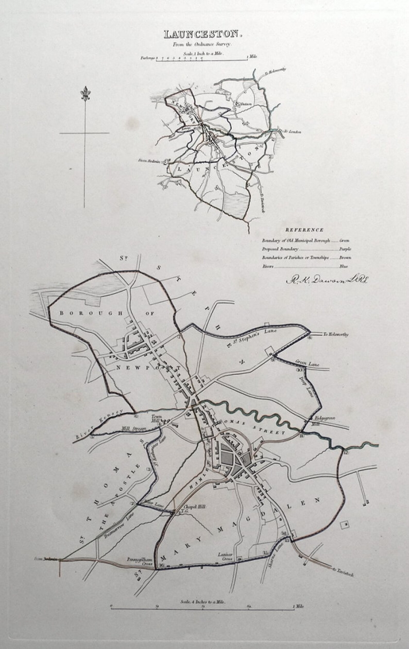 Antique Map LAUNCESTON, CORNWALL, UK, Street Plan, Dawson Original 1832 ...