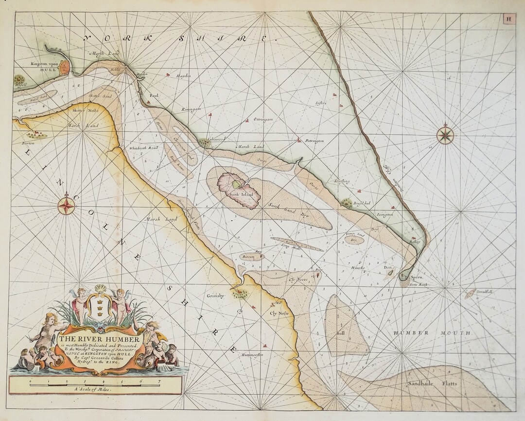 Antique Sea Chart RIVER HUMBER, Hull, Grimsby, Greenville Collins ...