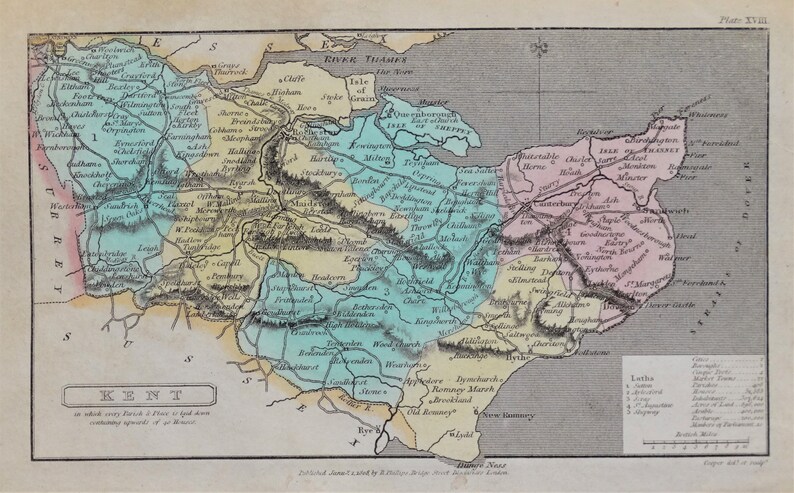 Antique Map KENT, Capper Original Hand Coloured County Map 1808 - Etsy
