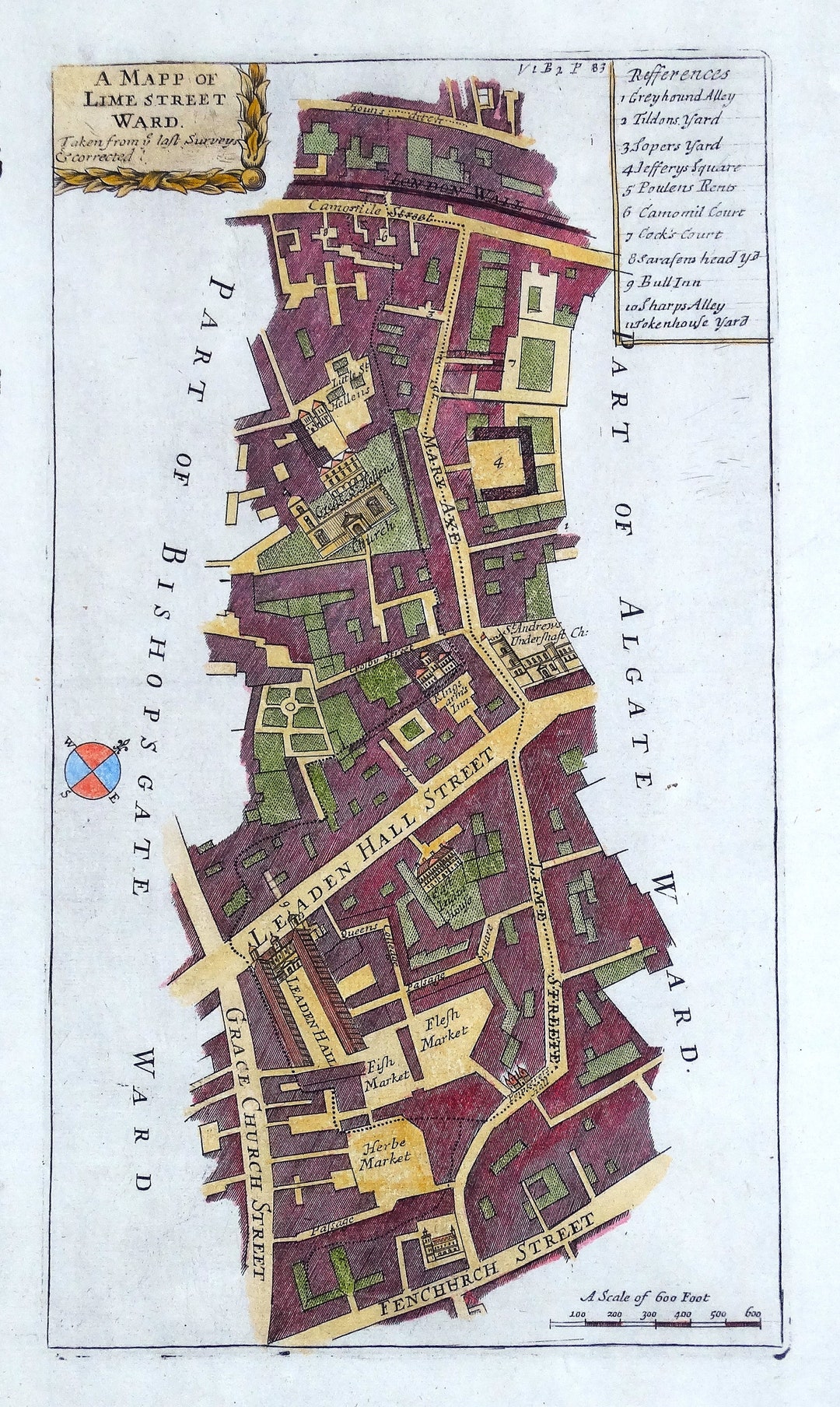 Antique Map LIME STREET WARD Plan, Stow's London, Leadenhall, Fenchurch ...