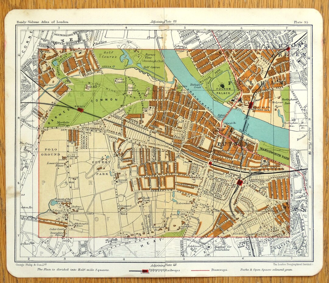 Antique Map London FULHAM, PUTNEY, BARNES Vintage Street Plan 1921 - Etsy