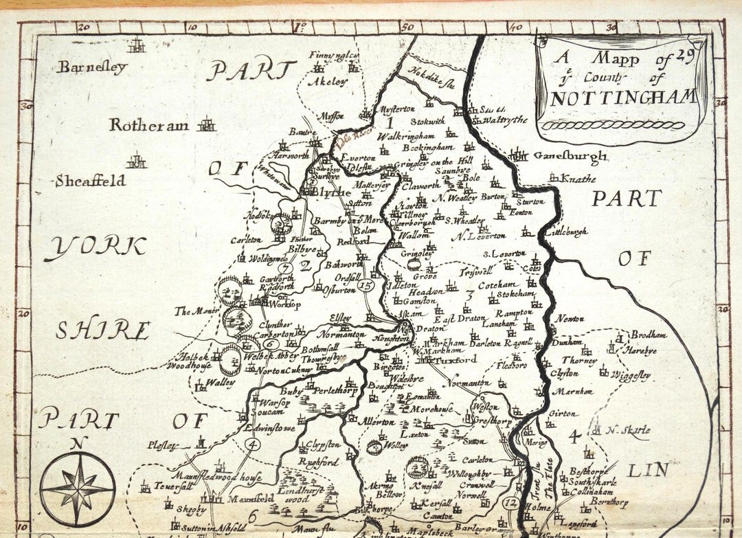 Antique Map NOTTINGHAMSHIRE Richard Blome, Original Engraving C1735 - Etsy
