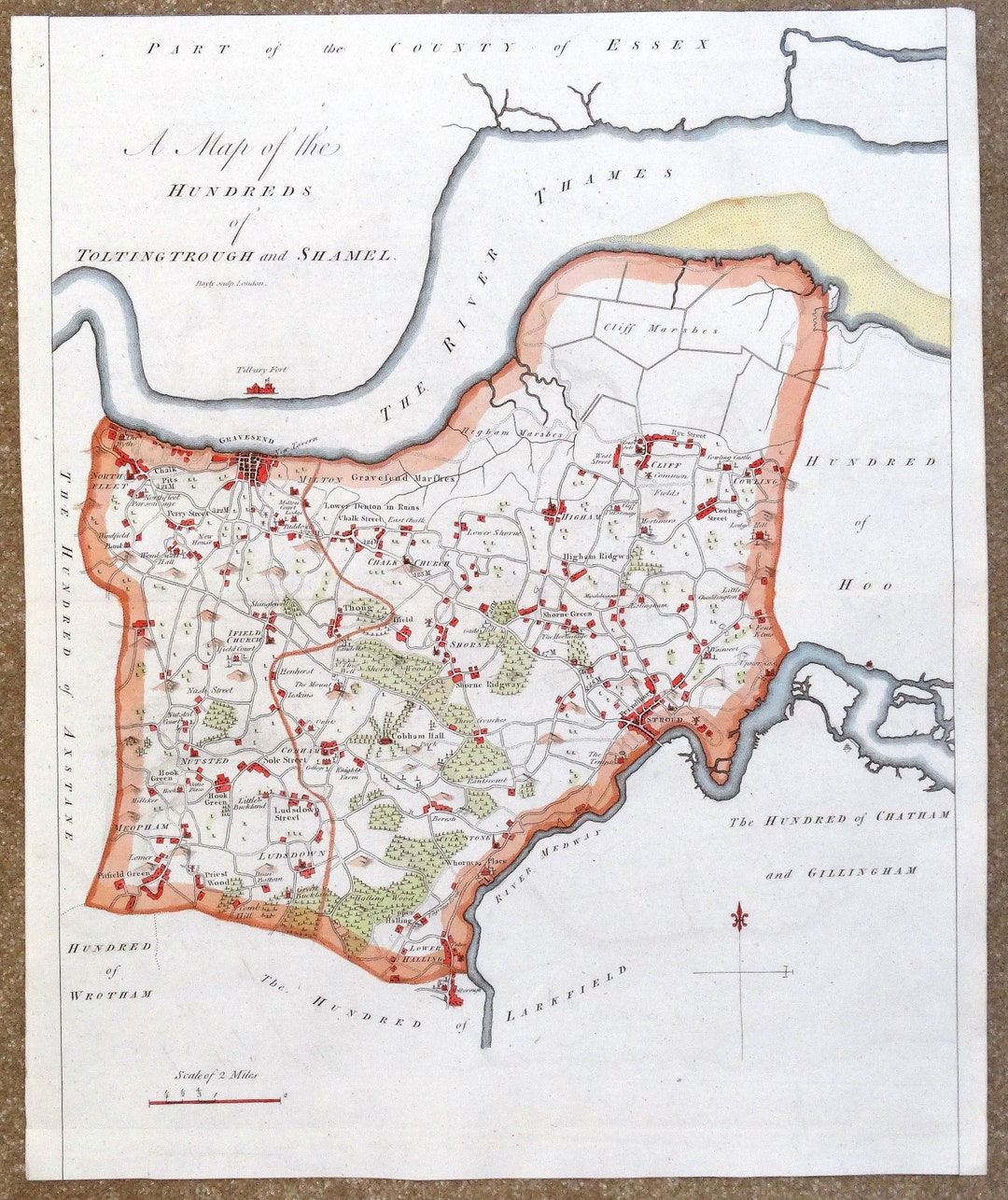 Antique Map TOLTINGTROUGH & SHAMEL Hundreds KENT Gravesend Strood ...
