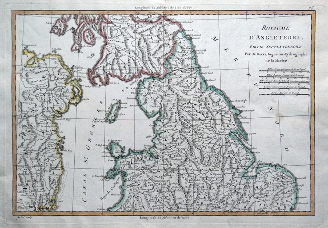 Antique Map NORTHERN ENGLAND, UK, Britain, Rigobert Bonne, Original Map ...