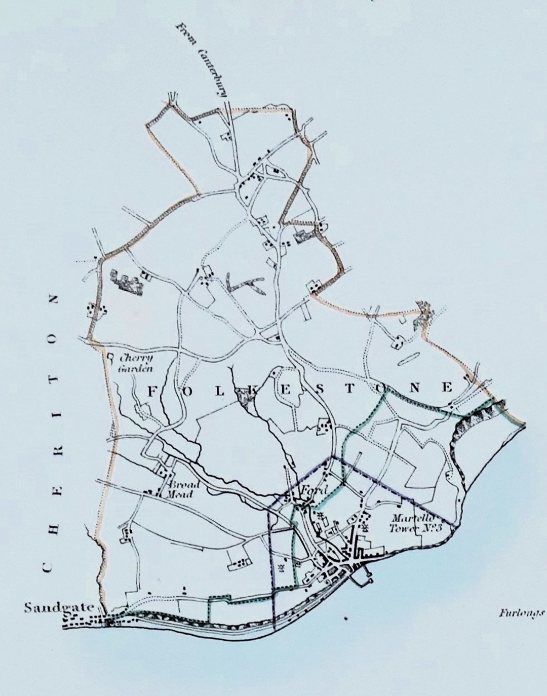 Antique Map Map FOLKESTONE, KENT England Town & Street Plan, Dawson ...