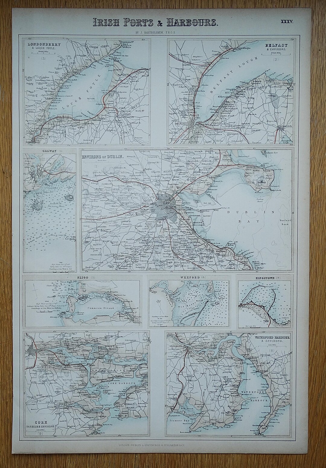 Antique Map IRELAND, Irish Ports & Harbours, J. Bartholomew Original ...