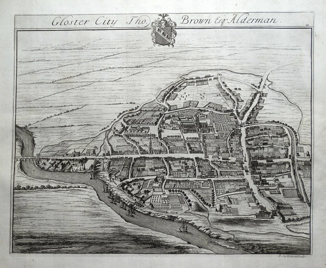 Antique Print Map GLOUCESTER, GLOSTER CITY Johannes Kip Bird's Eye ...