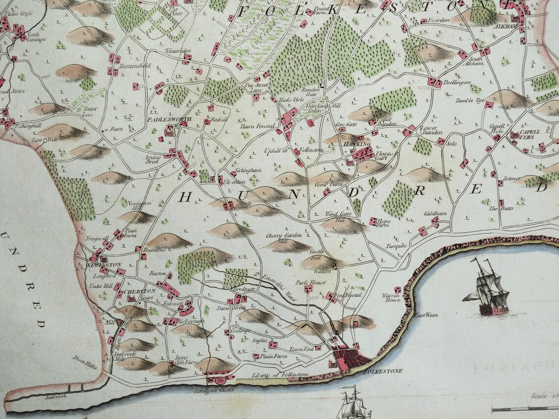 Antique Map FOLKESTONE HUNDRED, Hawkinge, Alkham, Elham, Swingfield ...
