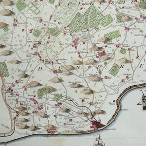 Antique Map FOLKESTONE HUNDRED, Hawkinge, Alkham, Elham, Swingfield ...