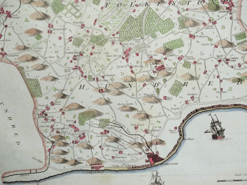 Antique Map FOLKESTONE HUNDRED, Hawkinge, Alkham, Elham, Swingfield ...