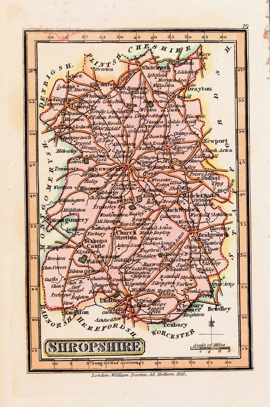 Antique Map SHROPSHIRE, Darton Hand Coloured Original Miniature County ...
