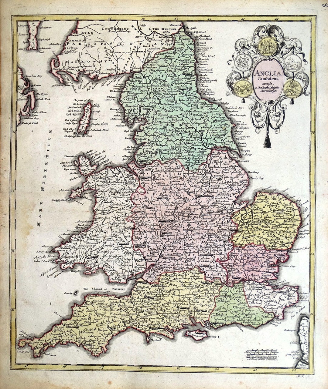 Antique Map ENGLAND, Anglia Cambdeni, Christoph Weigel, Weigelio ...
