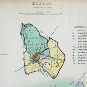 Antique Map EXETER DEVON ,city Street Plan, Dawson Hand Coloured ...