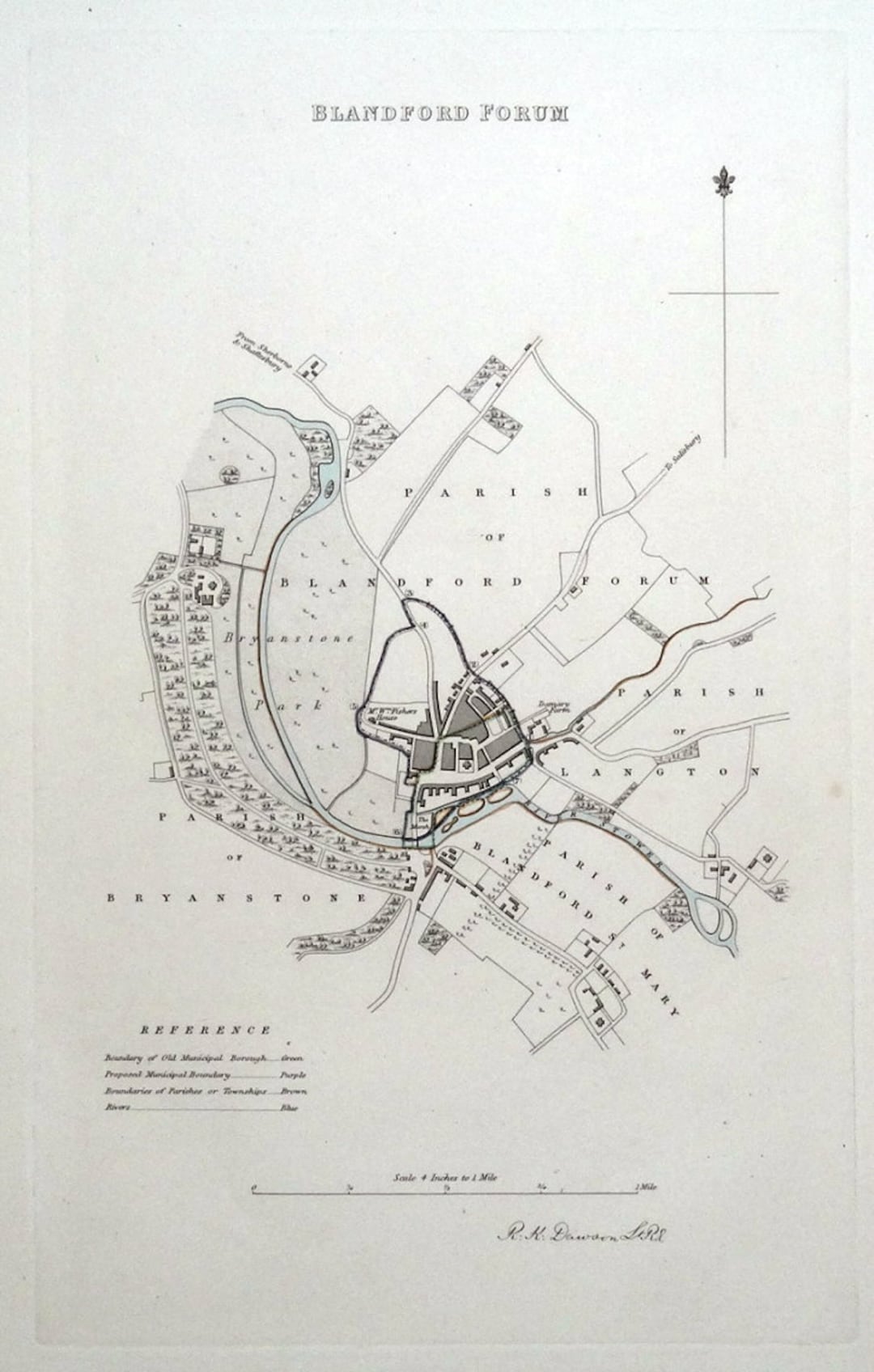 Antique Map BLANDFORD FORUM, DORSET, England, Street Plan, Dawson ...