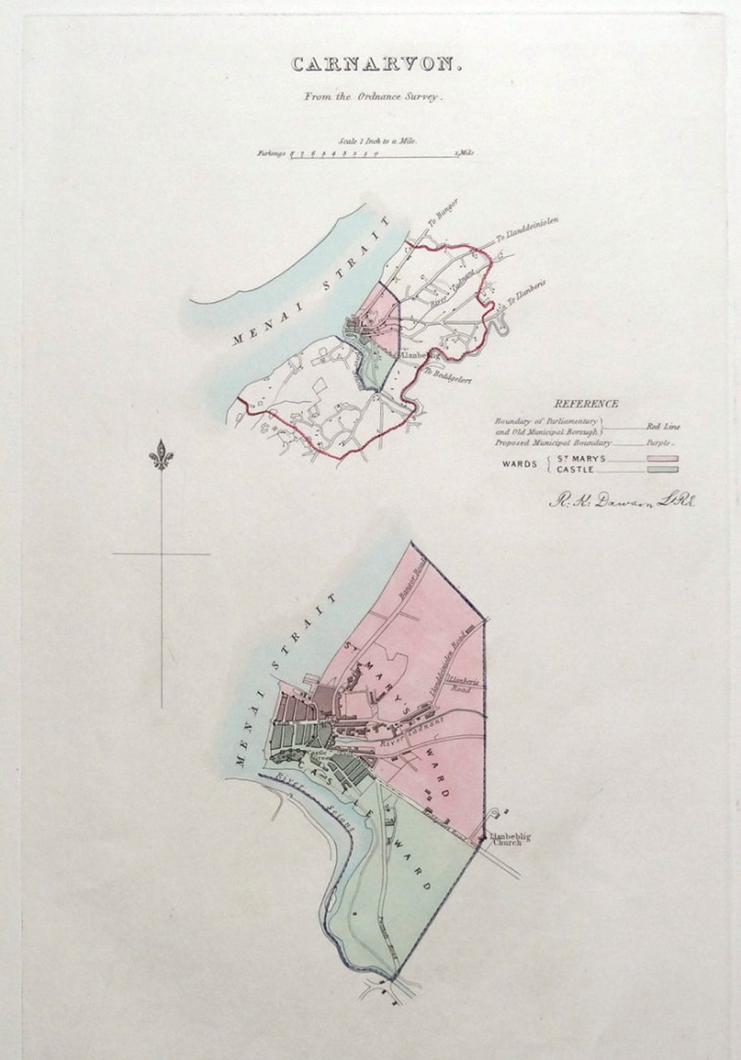 Antique Map CAERNARFON, CARNARVON, WALES, Street Plan, Dawson Original ...