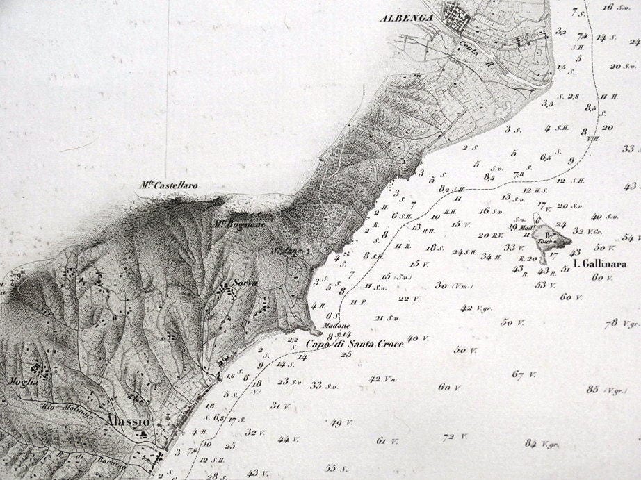 Antique Sea Chart RIVIERA DI PONENTE, Alassio Albenga Loano Imperia ...