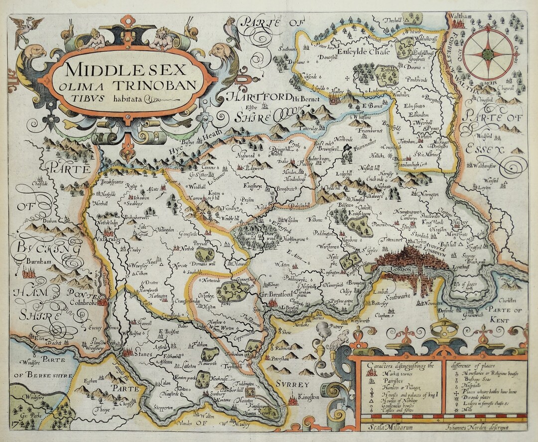 Antique Map MIDDLESEX, London, John Norden & Kip/hole, Camden Original ...