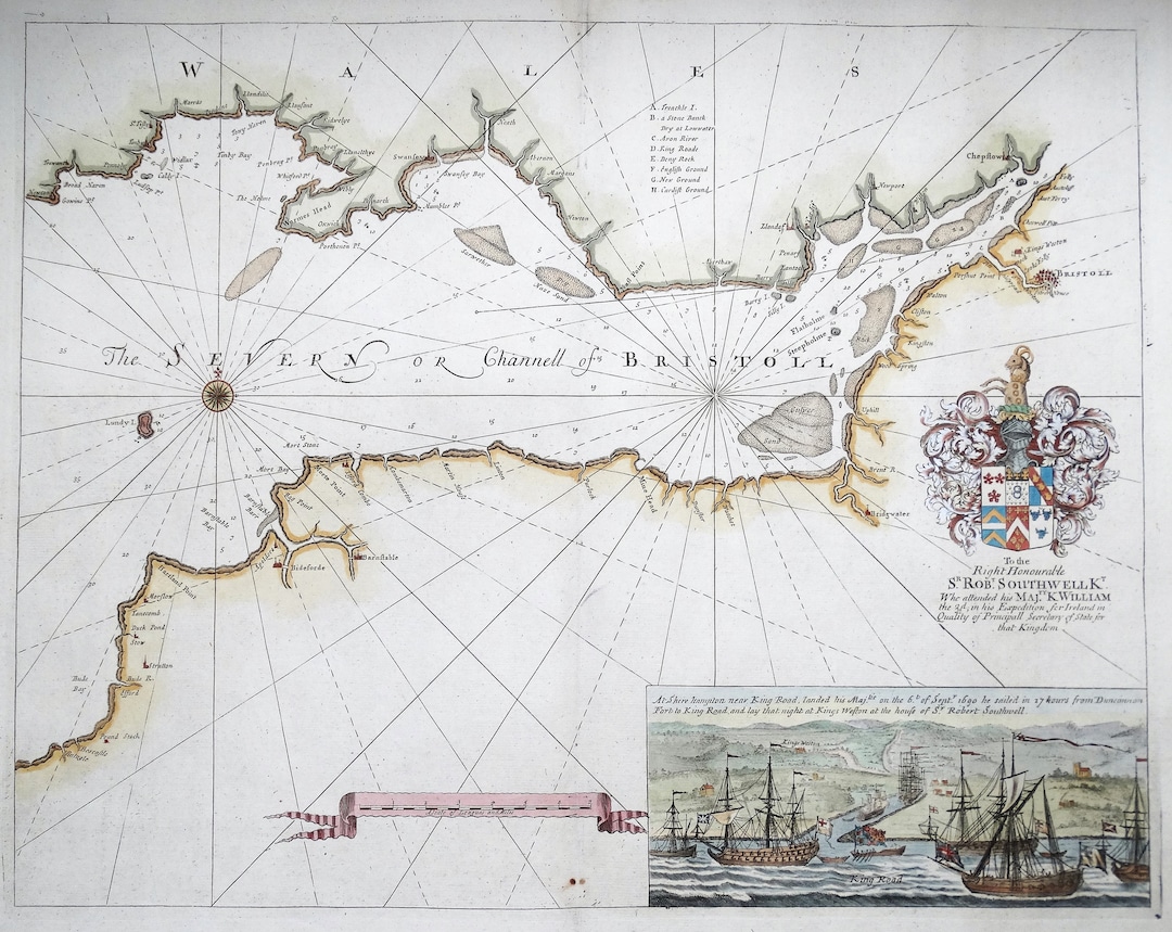 Antique Sea Chart BRISTOL CHANNEL, N.devon, S.wales Greenville Collins ...