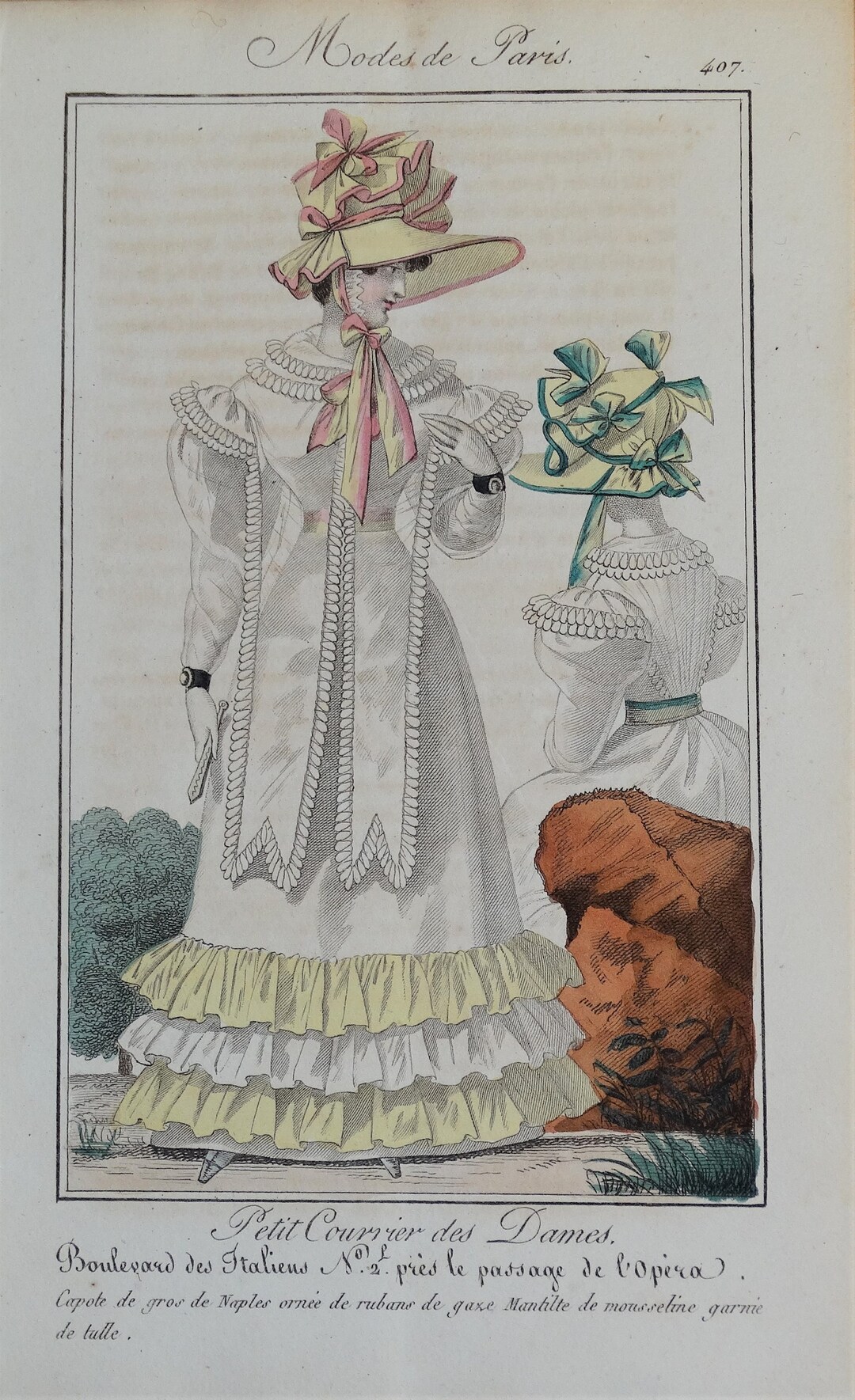 Antique Print PERIOD COSTUME, Ladies Opera Dress, Paris Fashion Plate ...
