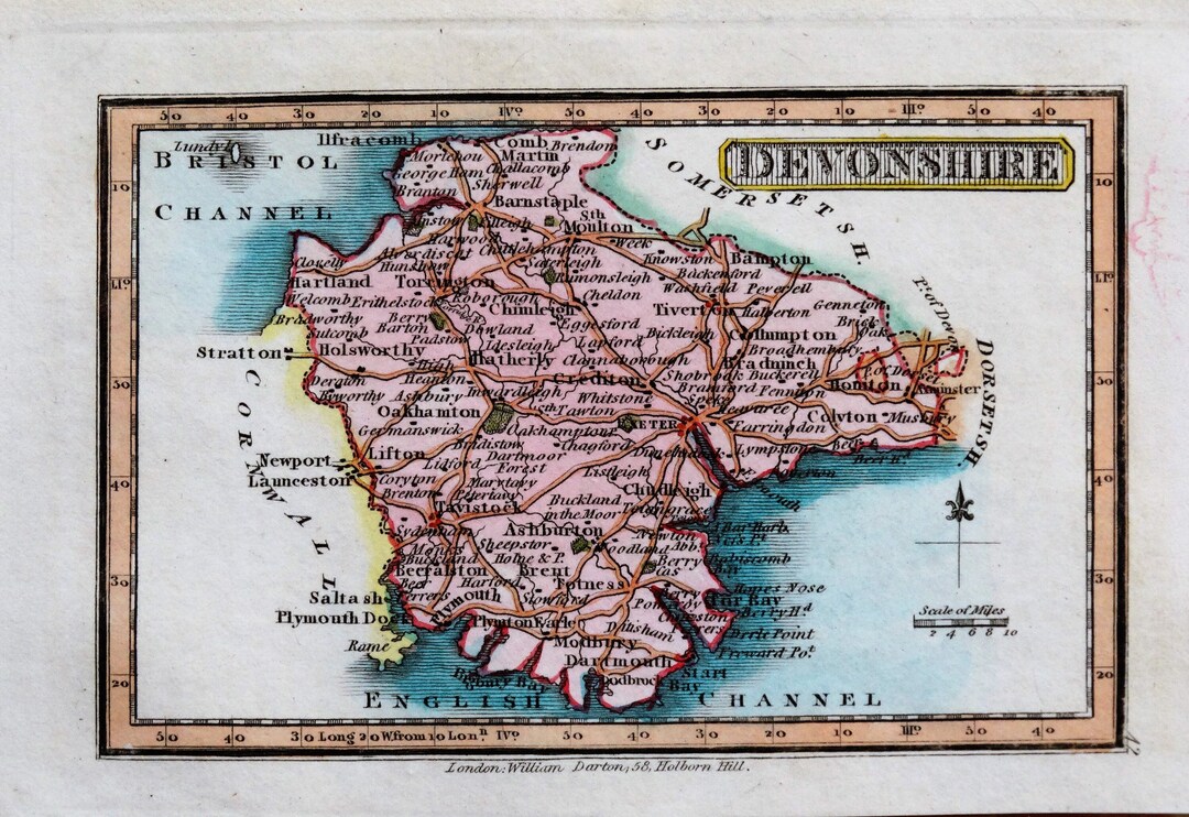 Antique Map DEVON,DEVONSHIRE, Darton Original Hand Colour Miniature ...