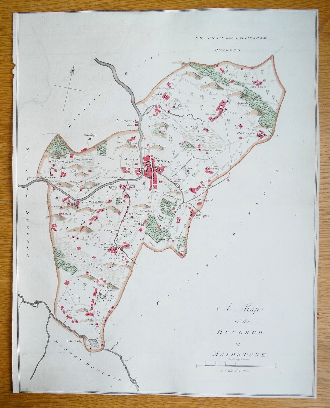 Antique Map MAIDSTONE HUNDRED KENT, Boxley, Detling, Linton, Loose ...