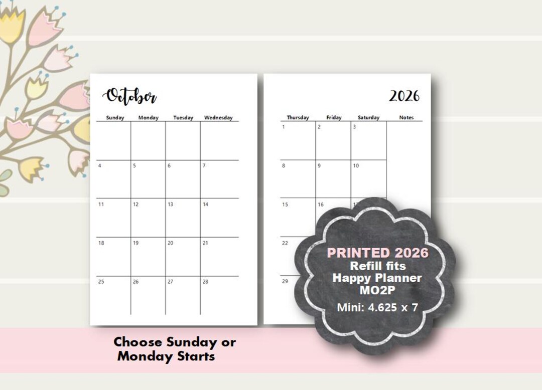 PRINTED 2026 Fits Happy Planner Mini, Mini Monthly Planner Insert ...