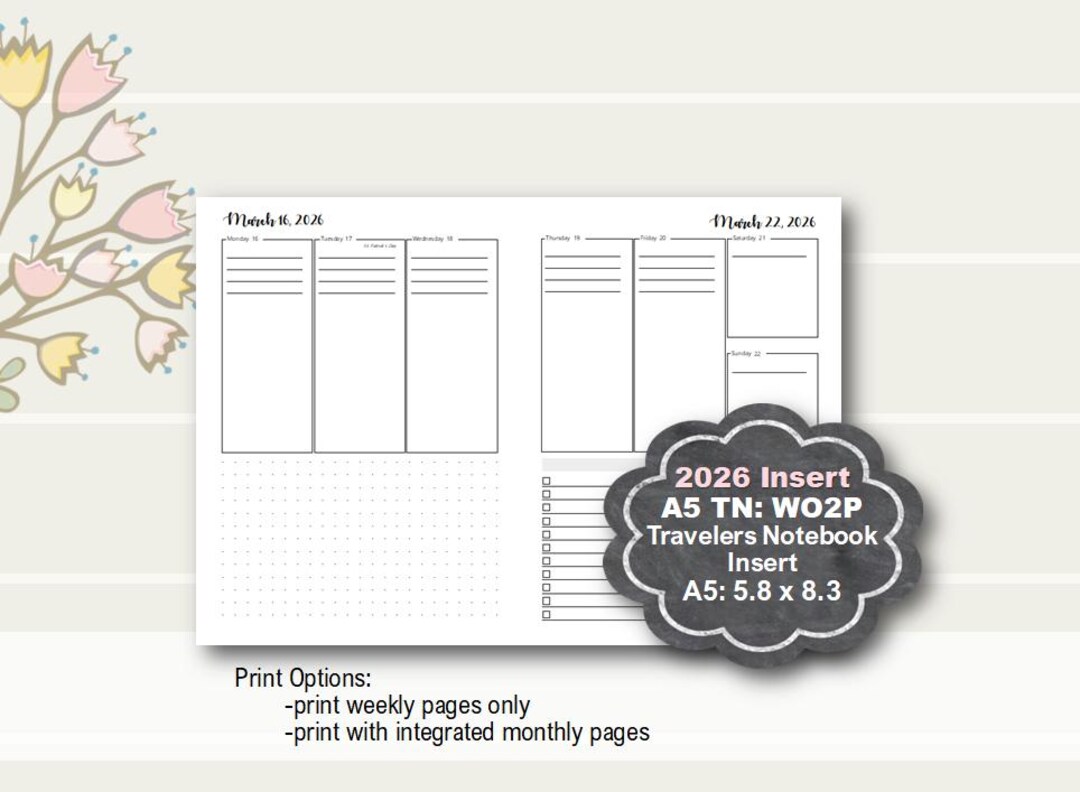 A5 TN Weekly Insert 2026, 2026 A5 Travelers Notebook Planner Printable ...