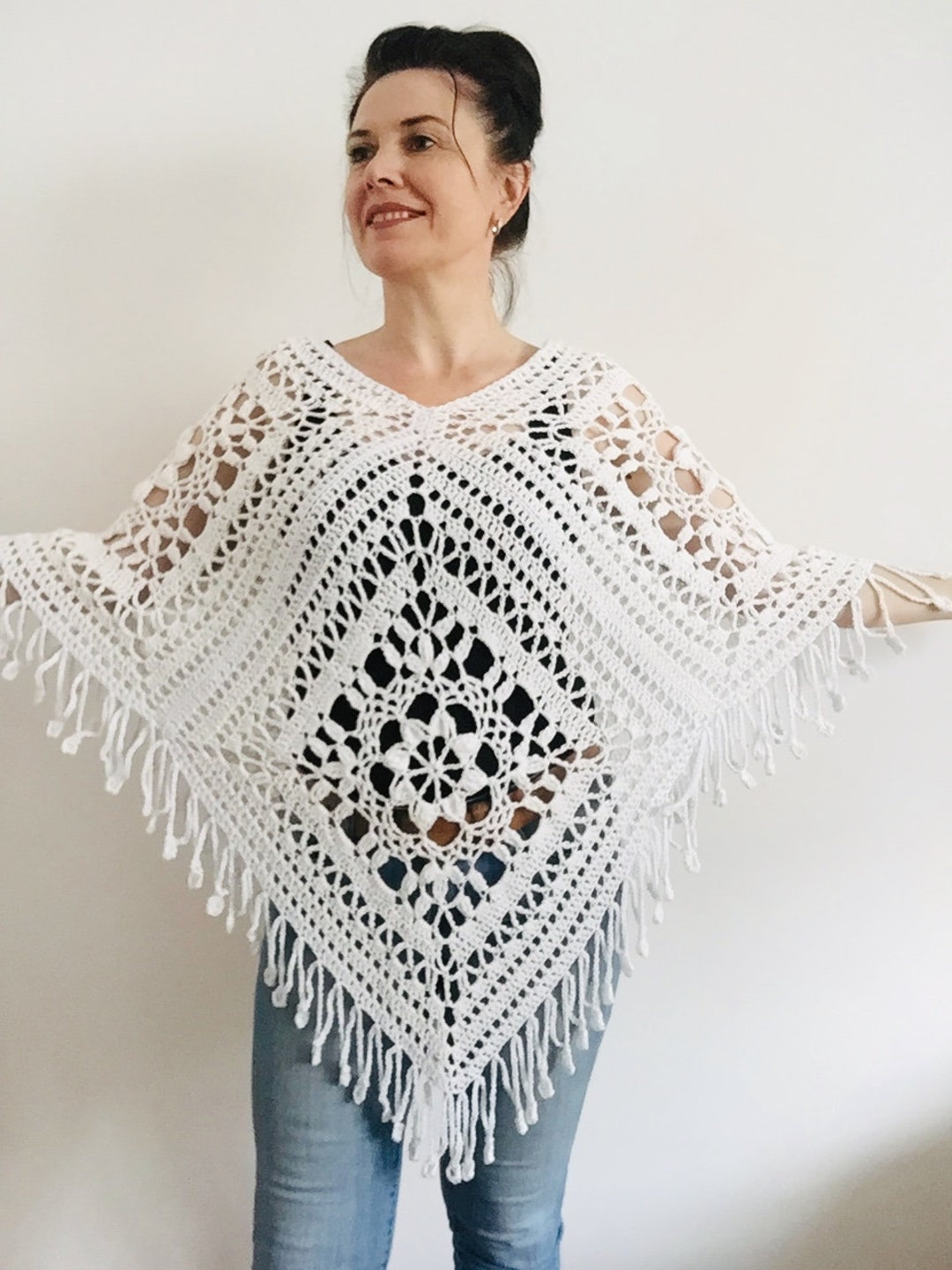 From USA White Poncho Fringe Cotton Women Summer Wrap Hippie Poncho ...