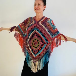 Women Poncho Fringe Granny Square Poncho Cape Coat Patchwork | Etsy