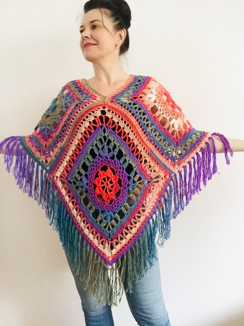 From USA Rainbow Poncho Women Knit Poncho Fringe Shoulders Wrap Green ...